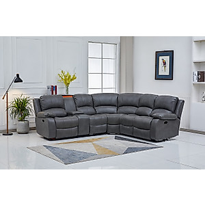Betsy Furniture Bonded Leather Sectional in Multiple Colors, Sectional with 3 Reclining Seats, Console (Grey, Left Console Sectional)