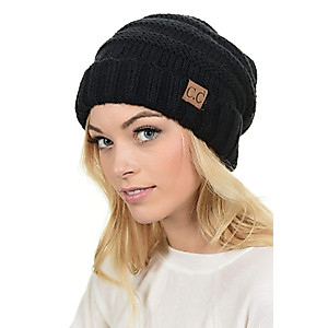 C.C Hat-100 Oversized Baggy Slouch Thick Warm Cap Hat Skully Cable Knit Beanie Black