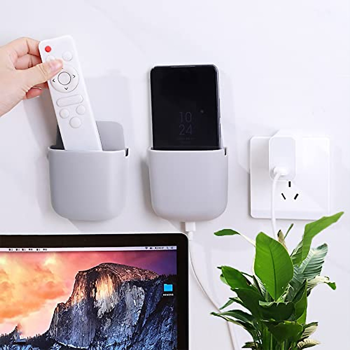 BZUEPRS Remote Control Holders Wall Mounted, 3 Pcs Self Adhesive Storage Box, Bottom Slot Easy Phone Charging, Wall Mounted Organizer Stand for Bathroom Bedroom Kitchen Office