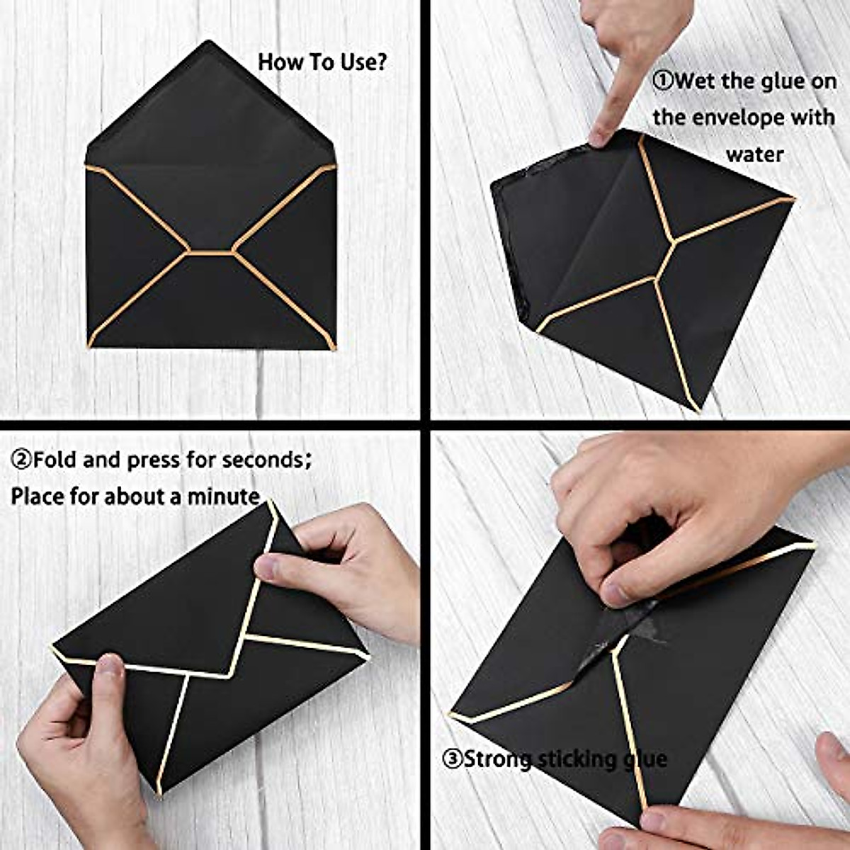 50 Pack A7 Envelopes 5 x 7 Card Envelopes Self-Adhesive V Flap Envelopes with Gold Border for Office, Wedding Gift Cards, Invitations, Graduation, Baby Shower, Parties (Black)