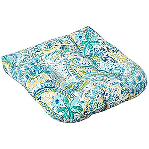 Pillow Perfect Paisley Outdoor Wicker Patio Seat Cushion Reversible, Weather, and Fade Resistant, Round Corner - 19" x 19", Blue/Yellow Gilford, 2 Count