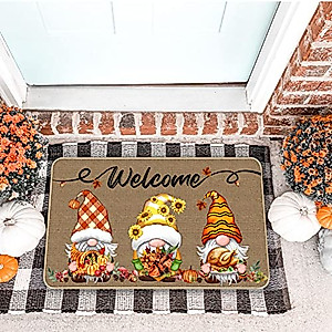 TREWAVE Fall Welcome Decorative Doormat Gnome Non-Slip and Washable Door Mat Pumpkin Sunflower Turkey Maple Leaf Fall Harvest Thanksgiving Floor Mat Indoor Outdoor 17 x 29 Inch