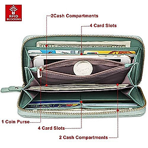 FT FUNTOR Wristlet Wallet for Women, Ladies Zip around Wallet PU Vegan Leather Clutch Bifold Long Purse Phone Card Holder Organizer Green