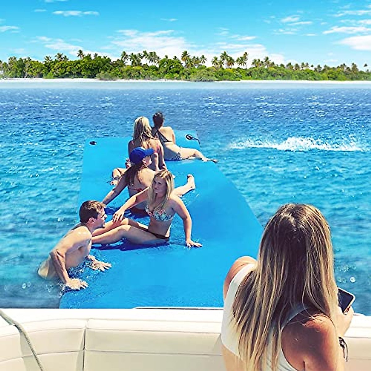 ECOTOUGE 9'x 6' Floating Water Mat, 3-Layer XPE Foam Water Floating Pad, Lily Pad Floating Mat for Water Recreation and Relaxing (Blue and Yellow)