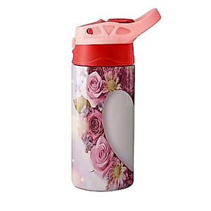 Stainless Steel Water Bottles Card Heart Shape Flowers Travel Water Cups with Handle And Silicone Straw Drinking Cup with Leak Proof Lid Thermo Travel Mug for Women Men
