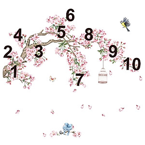 decalmile Cherry Blossom Tree Branch Wall Decals Pink Flower Birds Wall Stickers Bedroom Living Room Sofa TV Background Wall Decor