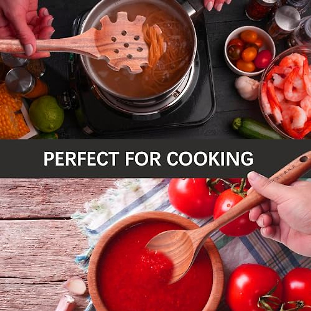 Wooden Spoons for Cooking,10 Pcs Natural Teak Wooden Cooking Utensils Wooden Kitchen Utensils Set Wooden Utensils for Cooking Wooden Spatulas for Cooking