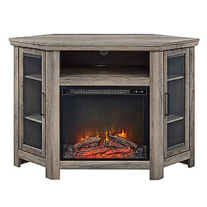 Walker Edison Alcott Classic Glass Door Fireplace Corner TV Stand for TVs up to 55 Inches, 48 Inch, Grey Wash