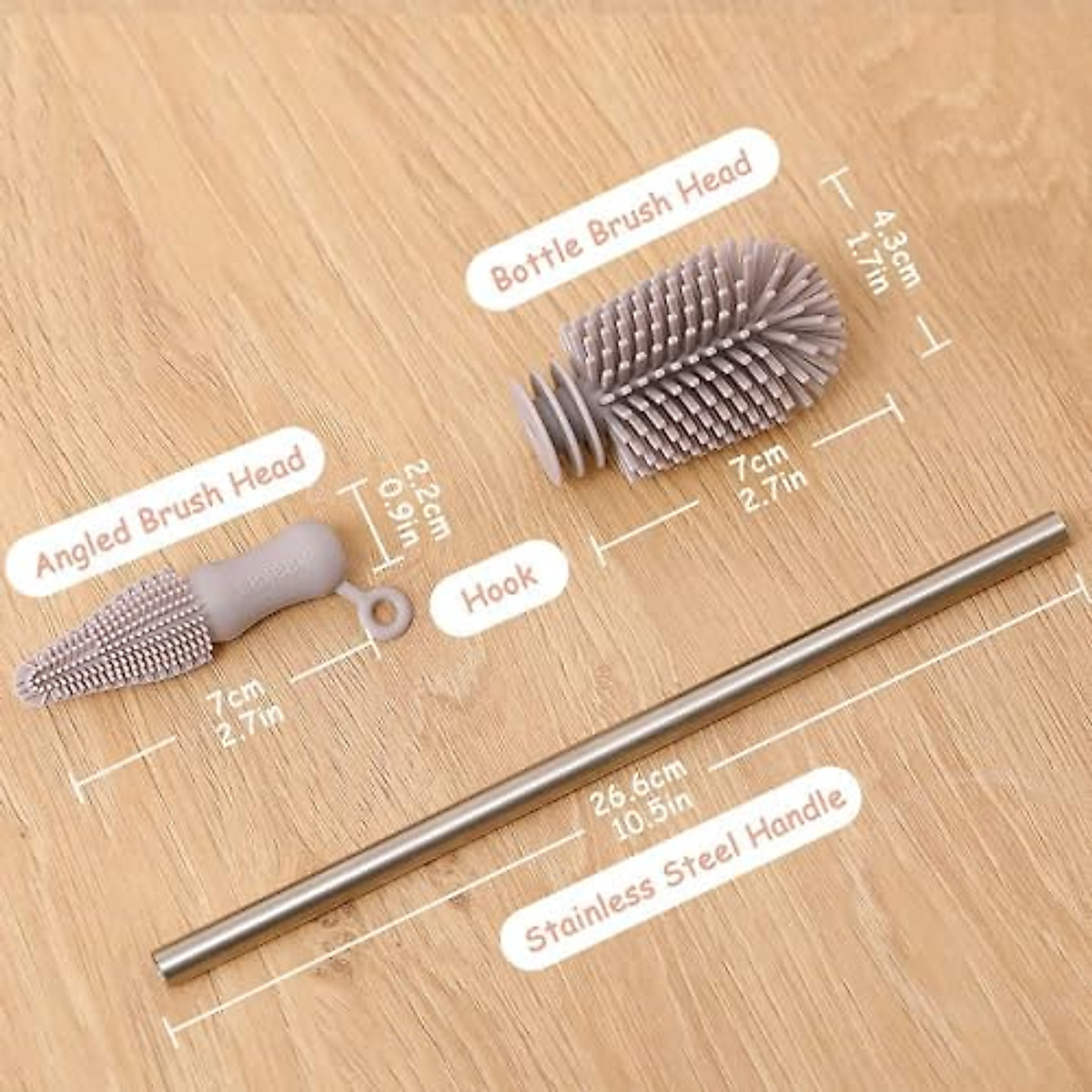 Haakaa Baby Bottle Brush Kit -Silicone Cleaning Brush for Breast Pump,Nipple,Breast Milk Storage Bag,Reusable Straw,Sippy Cup - Food Grade Silicone Bristles, Portable -3 Pcs - Light Gray