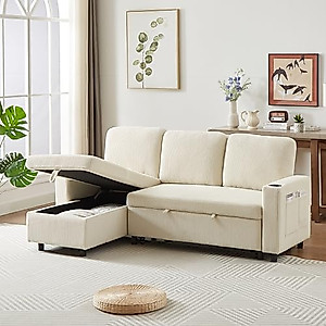 3 Seater Reversible Sleeper Sectional Sofa Couch Bed with Storage Chaise Lounge and Cupholders , Corduroy Upholstered L-Shaped Convertible Sofabed Corner Couch,L Shaped Sofá for Living Room Office
