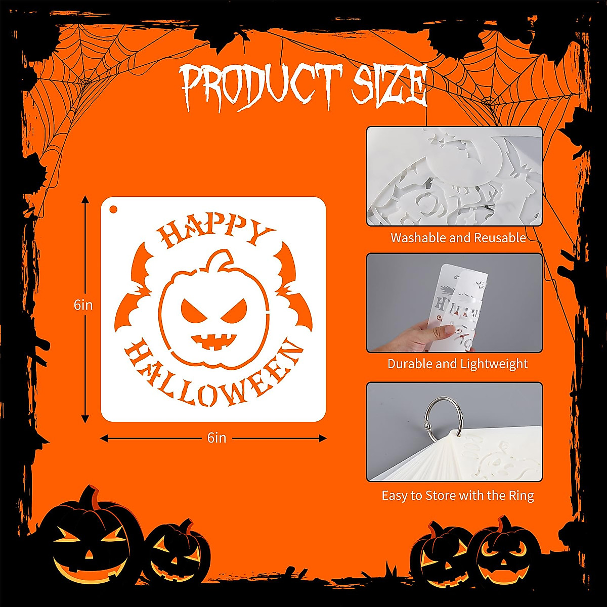 Halloween Pumpkin Face Stencils for Painting: 20pcs 6 inch Large Halloween Skull Stencils Reusable for Pumpkin Painting, Wood, Shirts, Crafts