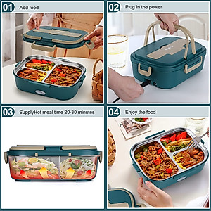 CJOIAW Electric Lunch Box Leak Proof, Food Heated 12V 24V 110V Portable Heating Box Heater for Car/Truck/Home heated lunch boxes for adults 1.5L Removable Stainless Steel Container