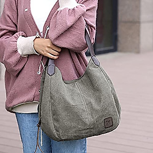 PHABULS Canvas Tote Bag For Women With Zipper, Mulit-Pocket Cotton Hobo Handbag Fashion Shoulder Purse-grey