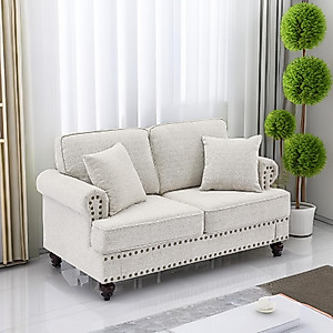 YSJZYBF 61" Chenille Modern Upholstered Sofas Love Seater with Nails and Armrests Mid Century Loveseat Sofas Modern Couch Couches for Living Room Apartment Office Bedroom White