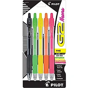 Pilot G2 Neon Gel Pen, Retractable, Fine 0.7 Mm, Assorted Neon Ink and Barrel Colors, 5/Pack