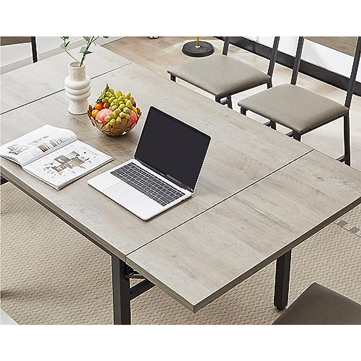 AMNOOL Folding Dining Table 1.2 Inch Thick Table Top Rectangle Retractable Dining Table with 2 Drop Leaves Adjustable Legs Desk Game Table for Dining Room Living Room Small Space (Grey)