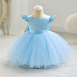 Baby Flower Girl Dress: Toddler Dress for Wedding First Communion Baptism Christening Dresses First Birthday Outfit Newborn Photoshoot Cake Smash Infant Kids Princess Tulle Gown Blue 18-24 Months