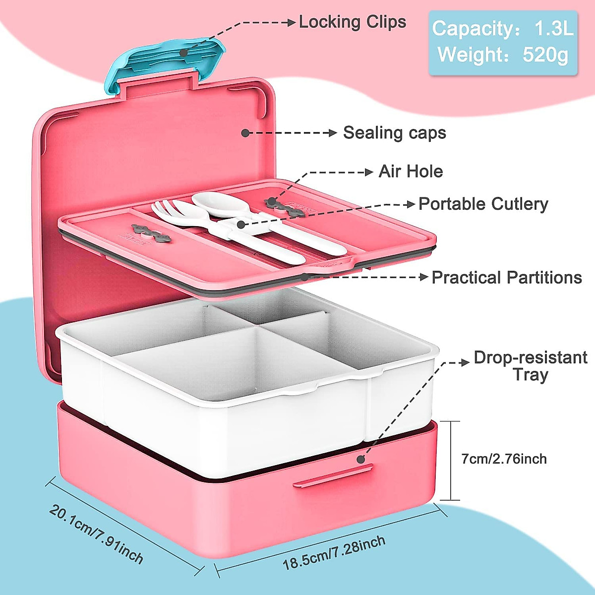 Bento Lunch Box for Kids, Unicorn Lunch Box with 4 Compartment Bento,1300ml Lunch Container with Sauce Jar/ Spoon/ Fork, Leak Proof, Microwave/ Dishwasher Safe, BPA-Free and Food-Safe Materials (Pink)