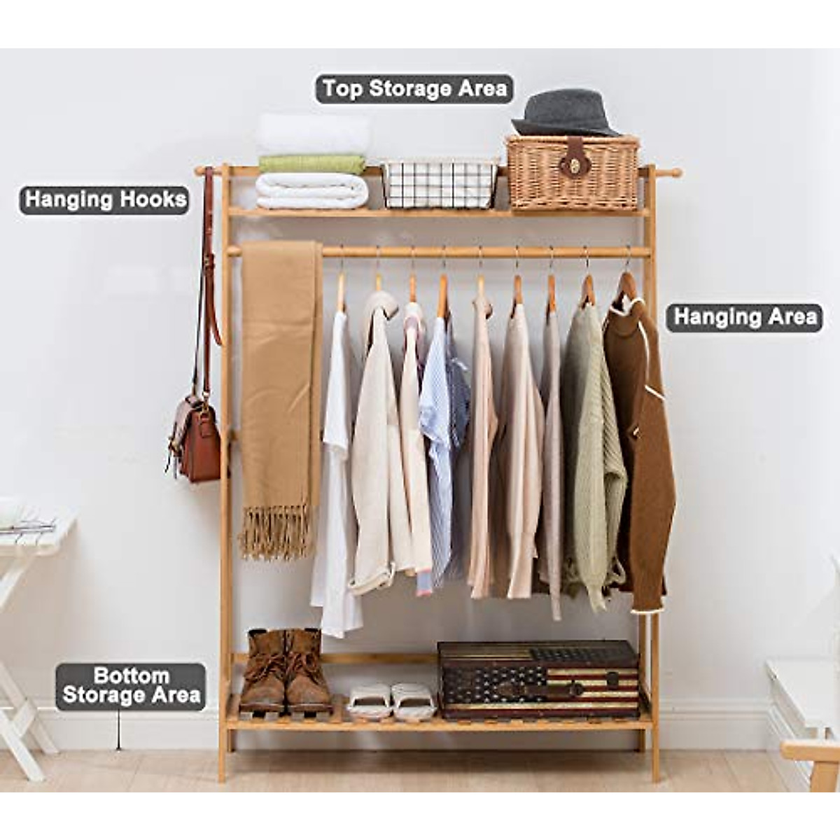 COPREE Bamboo Garment Coat Clothes Hanging Heavy Duty Rack with top Shelf and Shoe Clothing Storage Organizer Shelves