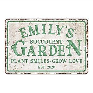 Personalized Vintage Distressed Look Succulent Garden Metal Room Sign (8x12 Inches)