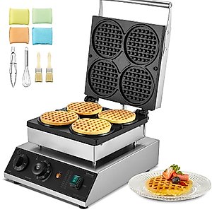 VEVOR Commercial Waffle Maker, 4PCS Round Waffle Baker Machine,1750W Non-Stick Stainless Steel Belgian Waffle Iron with Temperature and Time Control, for Restaurant Bakery Snack Bar Family