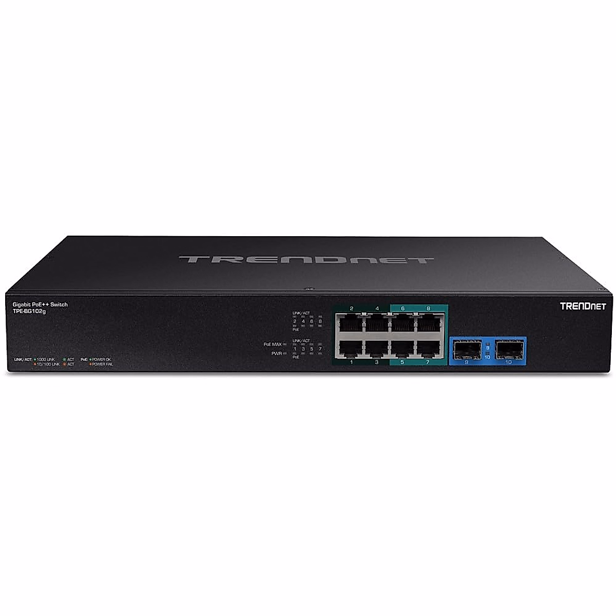 TRENDnet TPE-BG102g, 10-Port Gigabit 240W PoE++ Switch with 4 x 95W PoE++ Ports, 4 x 30W PoE+ Ports, 2 Gigabit SFP Slots,240W PoE Budget, 1U 19” Rack Mountable,Lifetime Protection