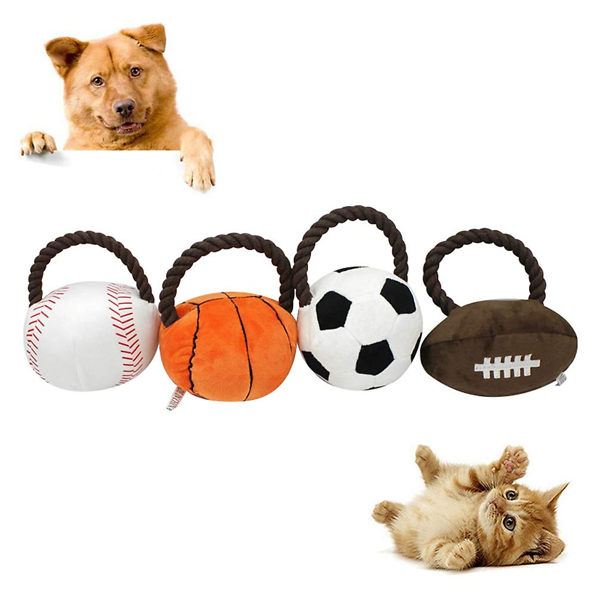 Cotton Rope Basketball Football Plush Doll Chewing Toy,Chewable Squeaky Toy for Pet Dog Cats - Baseball/Basketball/Football/Rugby