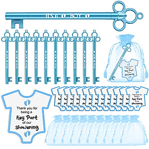 Geyoga 50 Sets Baby Shower Party Favors 50 Fancy Key Shape Pens It's a Girl/ Boy Key Gel Ink Pens 50 Thank You Cards Small Gift Cards 50 Organza Bags for Guests Gender Reveal Party Favors(Blue,Boy)