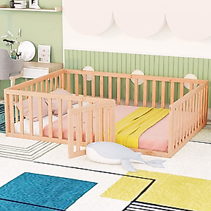 LostCat Full Size Wood Floor Bed Frame with Fence, Montessori Floor Bed w/Door, Kids Noise Free Beds, No Box Spring Needed, Easy Assembly, for Children, Natural