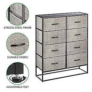 mDesign Wide Modern 8-Drawer Dresser Storage Unit, Sturdy Steel Frame, Wood Top, Easy-Pull Wood Handles/Fabric Bins, Organizer for Bedroom, Hallway, Entryway, Closet, Margo Collection, Black/Dark Gray