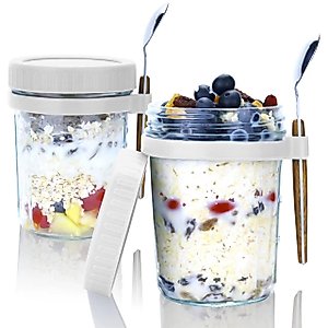Overnight Oats Containers with Lids and Spoons, 2 Pack Overnight Oats Jars 12 oz Reusable Large Capacity Airtight Oatmeal Container with Measurement Marks for Cereal Yogurt, Milk, Salads, Fruit(White)