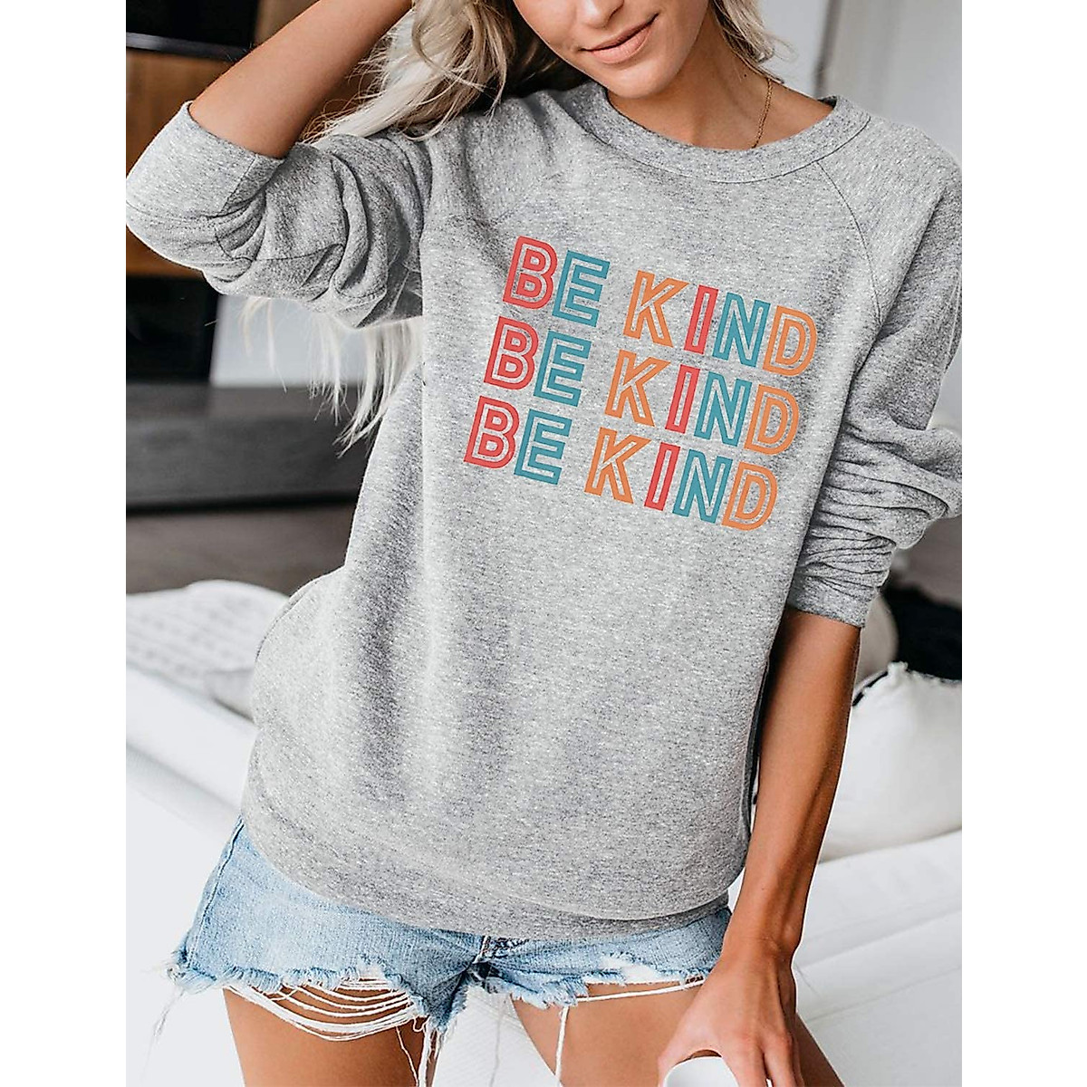 Blooming Jelly Womens Be Kind Sweatshirt Crewneck Loose Fit Cute Long Sleeve Tops Ladies Fall Clothes Winter Teacher Outfits (Medium, Grey)
