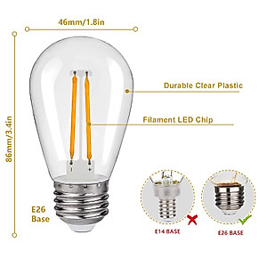 RuiAoTD 25Pack S14 LED Replacement Light Bulbs, Shatterproof Outdoor String Plastic Light Bulbs, 2W Equivalent 20W, E26 Base, 2200K Warm White LED Vintage Light Bulbs, Non-Dimmable