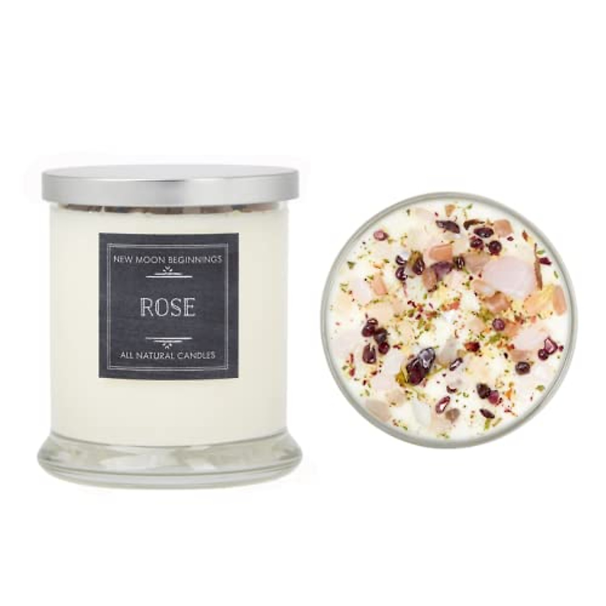 Rose Candle by New Moon Beginnings - Floral Scented Candle - Dried Flower & Crystal Candles - Love Candle - All Natural Soy Candle