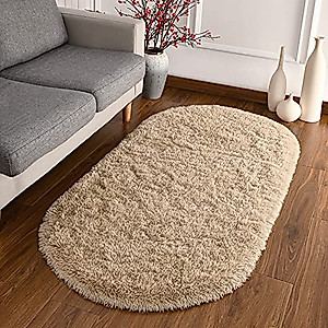 Softlife Fluffy Rugs for Bedroom, Shag Cute Area Rug for Girls and Kids Baby Room Home Decor, 2.6 x 5.3 Feet Oval Indoor Carpet for Nursery Dorm Living Room, Camel