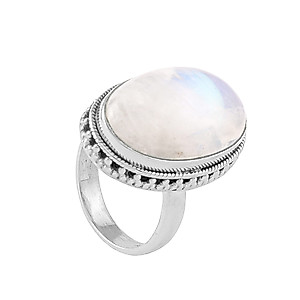 Silver Eternity Big Moonstone ring for Women Oval Stone Ring 925 Sterling Silver Boho Sterling Silver Statement Ring For Gift (White, Ring Size - 7)