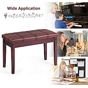 GOFLAME Piano Bench with Padded Cushion and Music Storage, Comfortable Double Duet Seat with PU Leather and Wooden Legs, Perfect for Professional or Home Use (Brown)