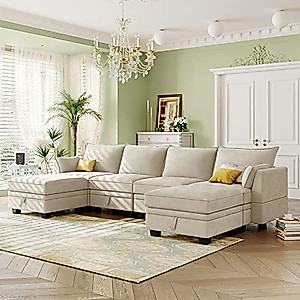 Merax 6 Pieces Modular Sectional Sofa, Convertible Modern U Shaped Couch with Storage Wide Chaise Love Seats, Beige