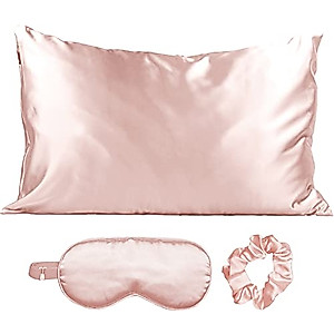 Kitsch Satin Sleep Set | Softer Than Silk Pillowcase and Eyemask Set - Includes 1 Pillowcase | 1 Eye Mask | and 1 Volume Scrunchie for Hair (Blush)
