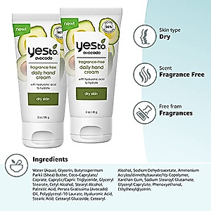 Yes To Avocado Fragrance Free Daily Hand Cream, Fast-Absorbing Formula That Combats Signs Of Aging, With Omega 3 Fatty Acids, Hyaluronic Acid & Glycerin, Natural, Vegan & Cruelty Free, 3 Oz (2 Pack)