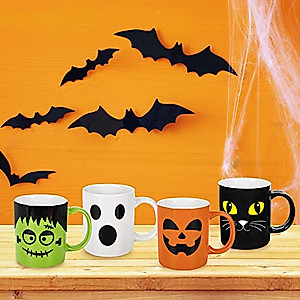 Whaline 4Pcs Halloween Mug Set 12oz Pumpkin Cat Monster Ghost Holiday Coffee Mug Halloween Ceramic Matching Mugs for Home School Office Table Centerpieces Housewarming Gift