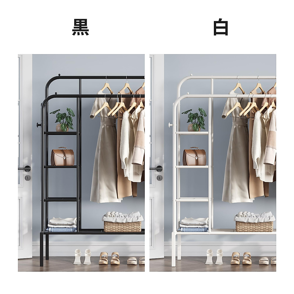 JOISCOPE Double Rods Portable Garment Rack for Hanging clothes, 49.6 * 62.2 Inch Metal Clothing Rack with Bottom Shelves and 4 Hooks,Freestanding Clothes Rack for Bedroom,Space Saving, White