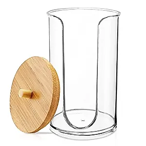 Cotton Round Holder or Bathroom Cup Dispenser with Bamboo Lid, Clear Acrylic Cosmetics Make Up Cotton Pads Dispenser for Bathroom Guest Room Vanity Countertops