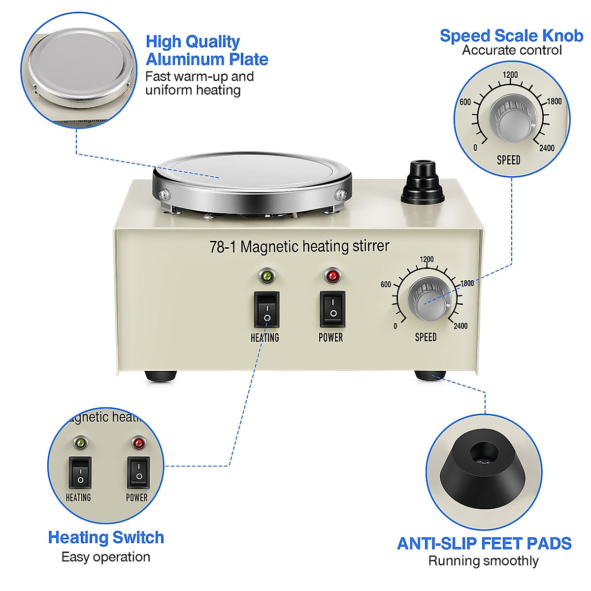 78-1 Magnetic Stirrer Hot Plate Magnetic Mixer 1000ml Lab Hot Plate with Magnetic Stirrer, 2400 RPM Magnetic Stir Plate with 4 Stir Bars and Support Stand, Max 158°F Hotplate Magnetic Stir