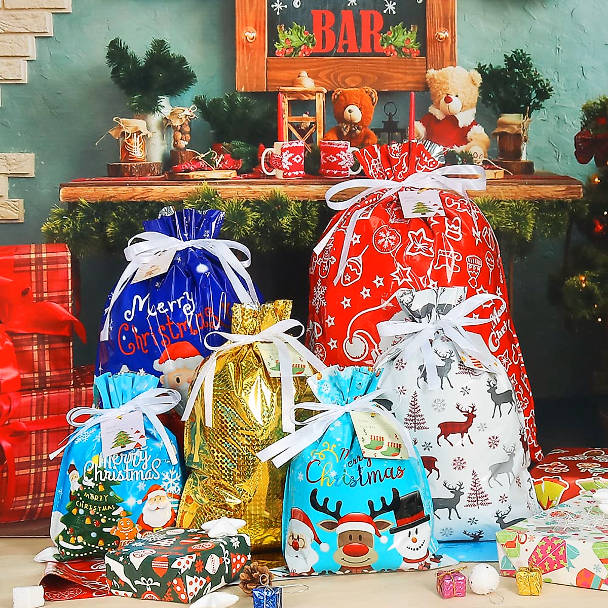 HRX Package Holiday Gift Wrapping Bags Drawstring, 15pcs Christmas Foil Sacks Pouches with Gift Tag for Xmas Presents Party Favor