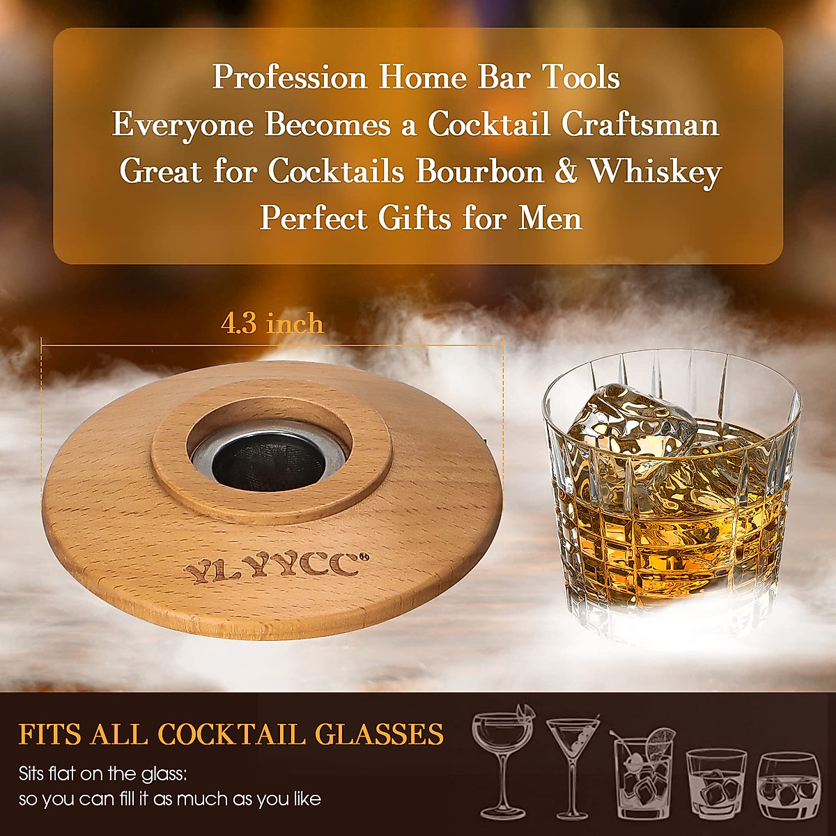 YLYYCC Cocktail Smoker Kit with Torch, Whiskey Smoker Kit with 4 Flavors Wood Chips, 4 Whiskey Stones and Wooden Stand, Old Fashioned Drink Smoker for Bourbon, Whiskey Smoker Gifts for Men, Dad