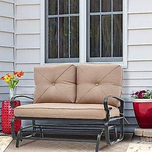 Betterland Outdoor Glider Rocking Chair Patio Swing Glider Bench for 2 Person, Metal Frame Loveseat Chair with Cushions (Brown)