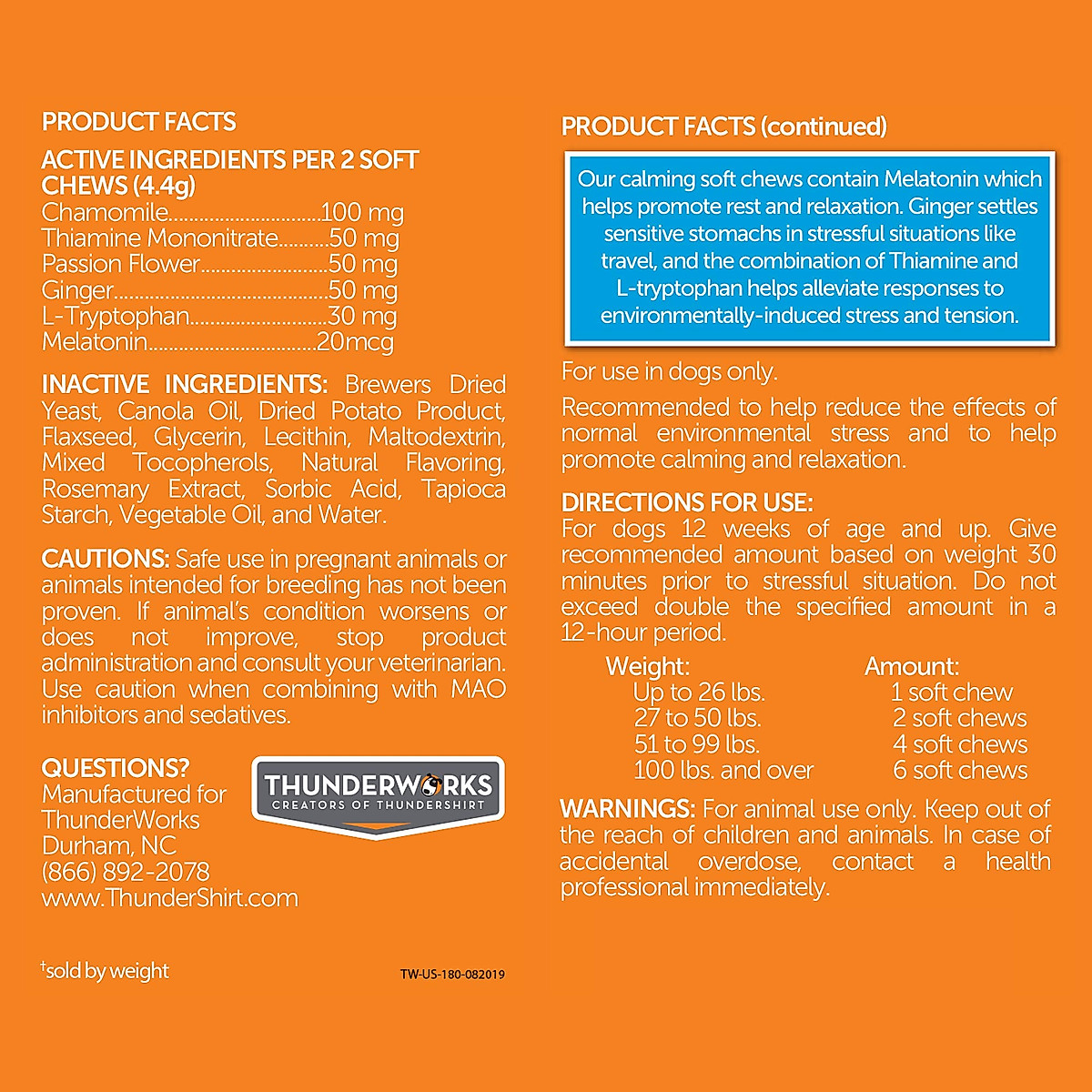 ThunderWunders Dog Calming Chews | Thiamine, L-Tryptophan, Melatonin and Ginger | Can Help Relieve Stress from Separation, Storms, Fireworks & Travel (180 Count)