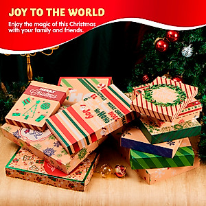 JOYIN 12 Pcs Christmas Aluminum Foil Kraft Paper Gift 3 sizes Boxes with Base, Xmas Shirt Wrap Box, Holiday Present Box for Birthday Party Favors Decorations Gift-Giving, 12 Design