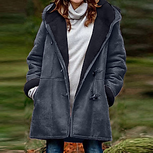 Plus Size Winter Coats for Women 2024 Warm Sherpa Fleece Lined Distressed Jackets Hooded Parka Faux Suede Pea Coat Outerwear, plus size winter coats for women plus size coats for women 3x, Navy XL